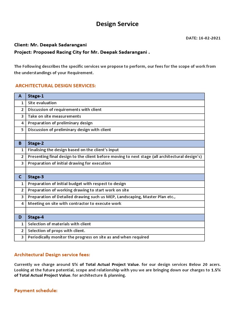 Design Service: Client: Mr. Deepak Sadarangani Project: Proposed Racing ...