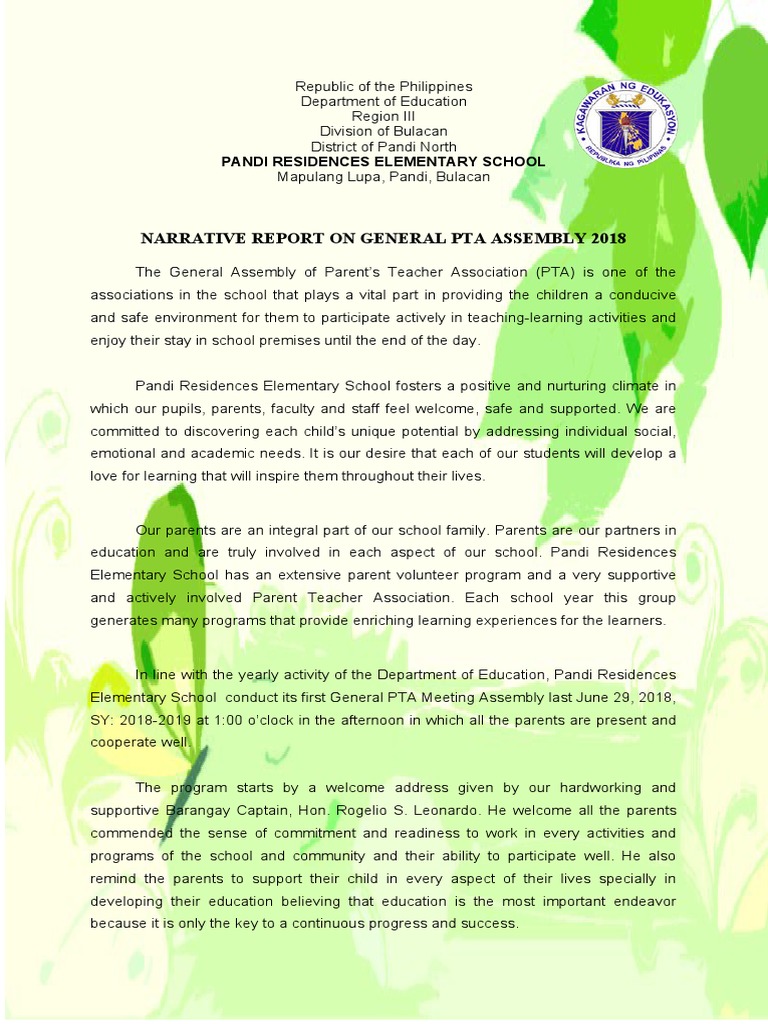 Narrative Report On General Pta Assembly 2018: Pandi Residences ...