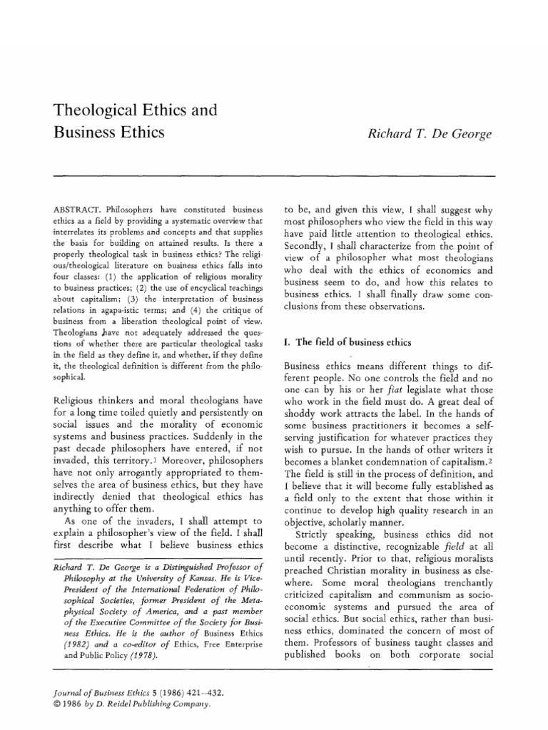 Theological Ethics and Business Ethics: Richard T. de George | PDF | Theology | Business Ethics