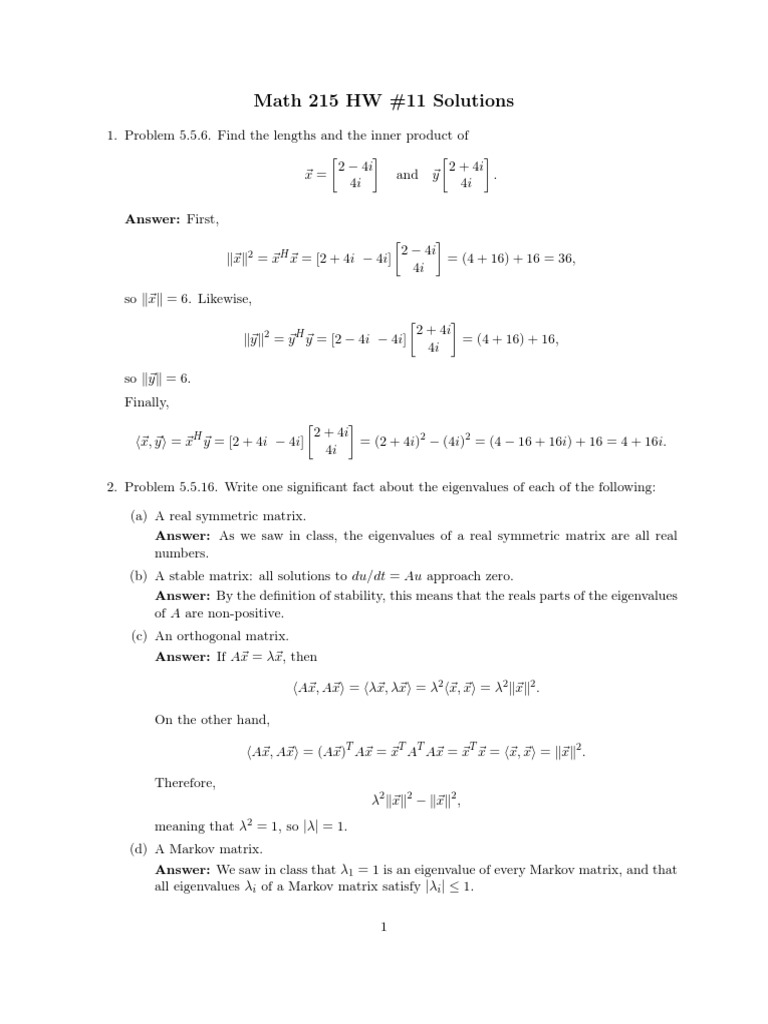 Math 215 HW #11 Solutions | PDF | Eigenvalues And Eigenvectors | Matrix ...