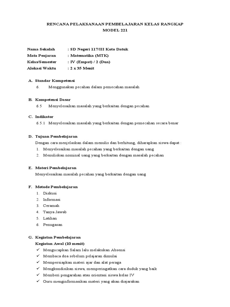 RPP Kelas Rangkap Kelas Iv - Honnil Mazarni | PDF