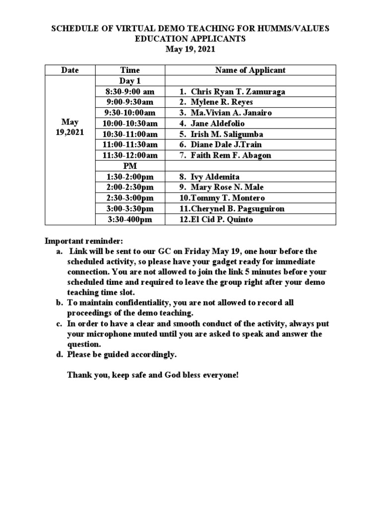 Schedule of Demo Teachingfor Humms | PDF | Travel