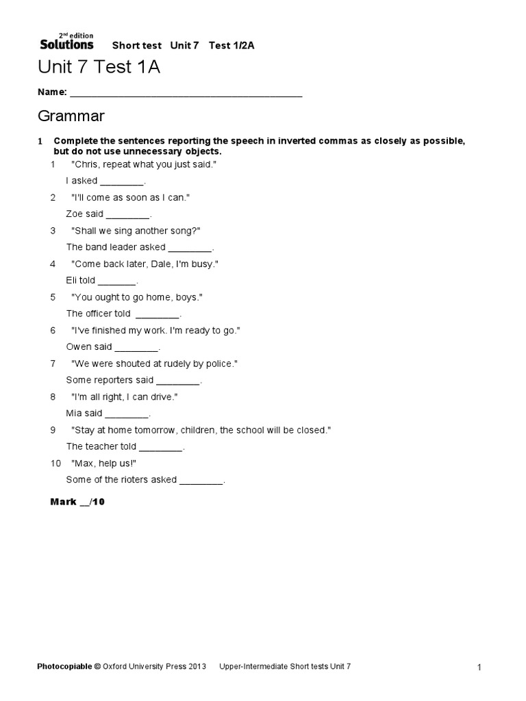 Upp-Int Short Tests Unit 07 1A 2A | PDF | News | Linguistics Upp-Int Short Tests Unit 07 1A 2A | PDF | News | Linguistics