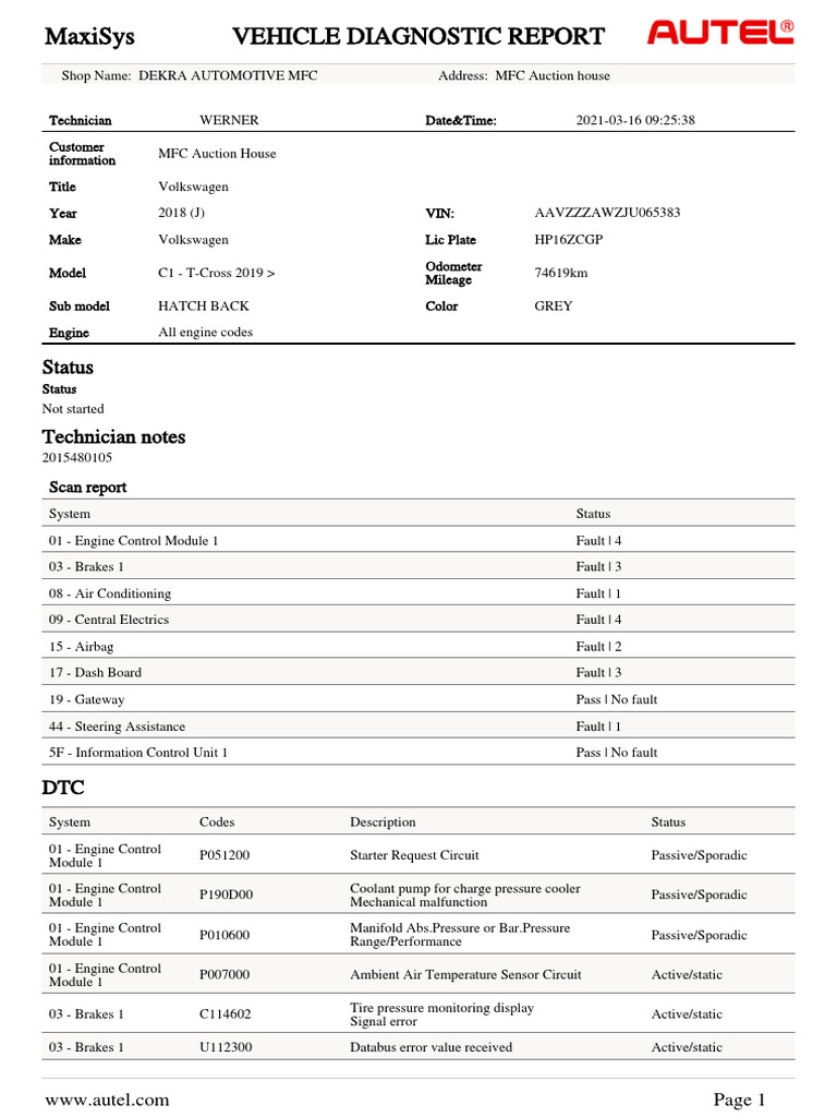 Maxisys Vehicle Diagnostic Report: Status | PDF | Airbag | Brake
