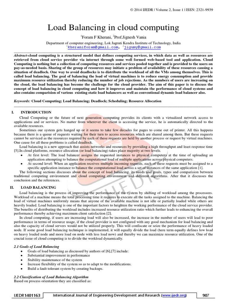 Load Balancing in Cloud Computing: Foram F Kherani, Prof - Jignesh Vania | PDF | Load Balancing ...