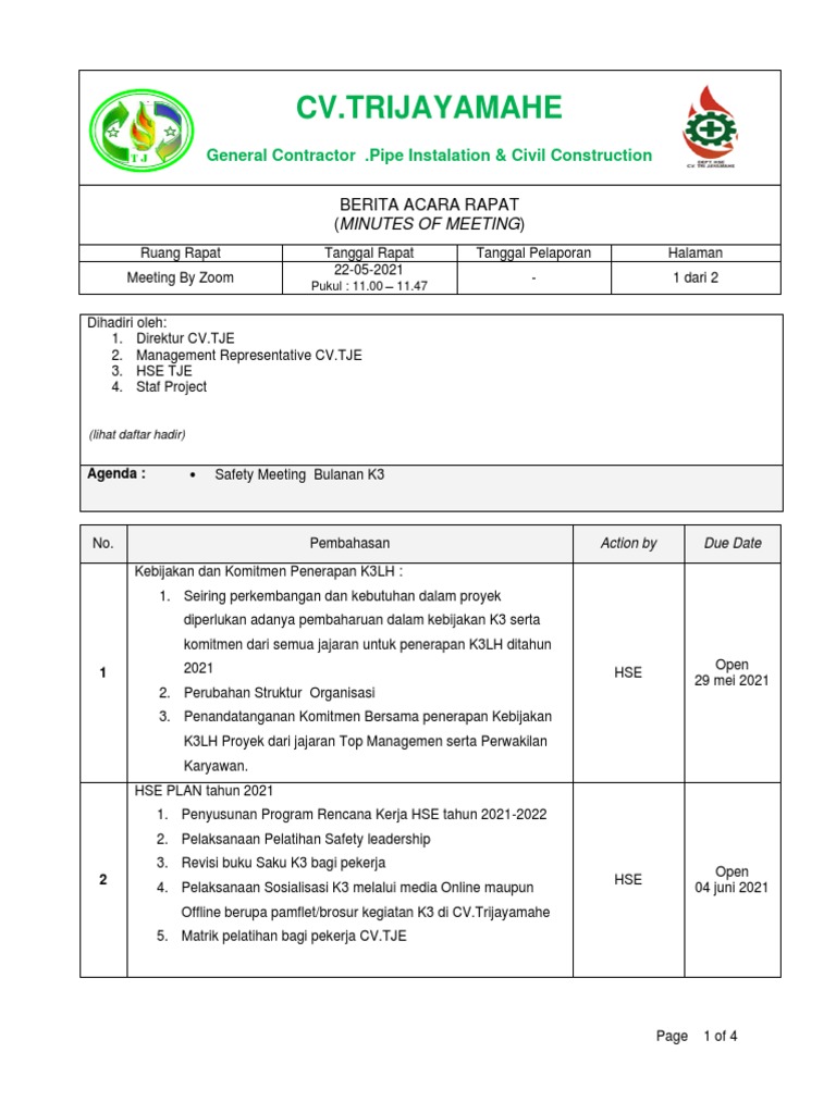 1.NOTULEN Safety Meeting 22 Mei 2021 | PDF