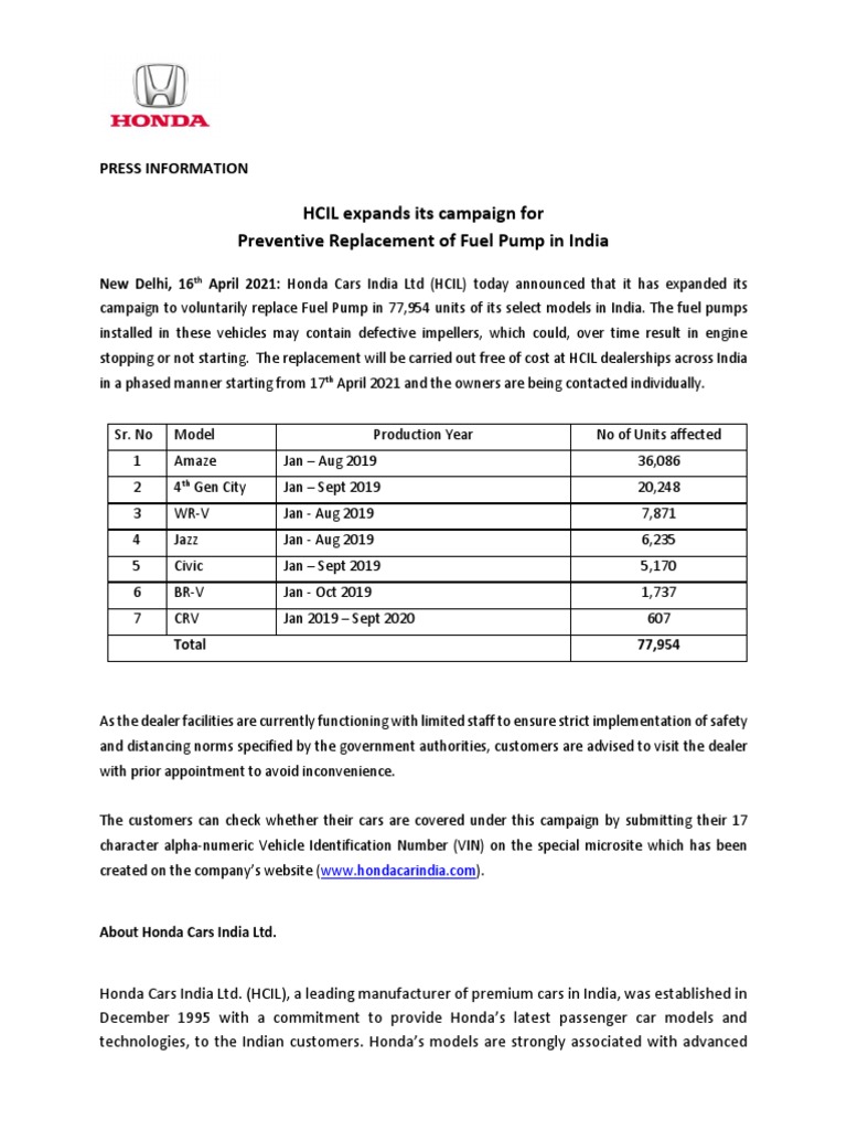Hcil Expands Its Campaign For Preventive Replacement of Fuel Pump in ...