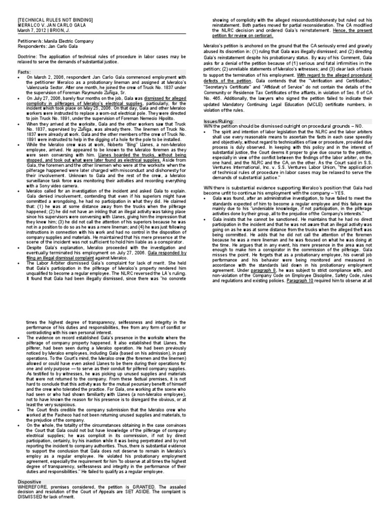 08 MERALCO v. Jan Carlo Gala | PDF | Theft | Employment