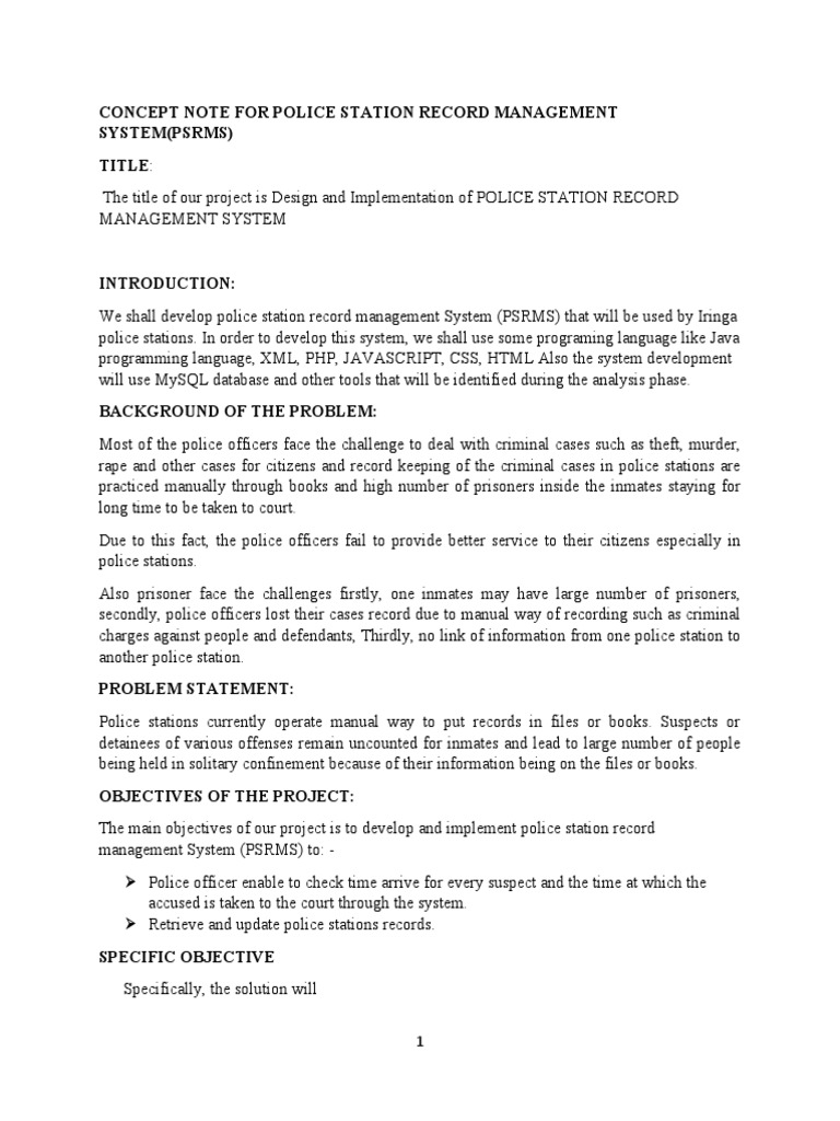 Concept Note For Police Station Record Management System (PSRMS) Title ...