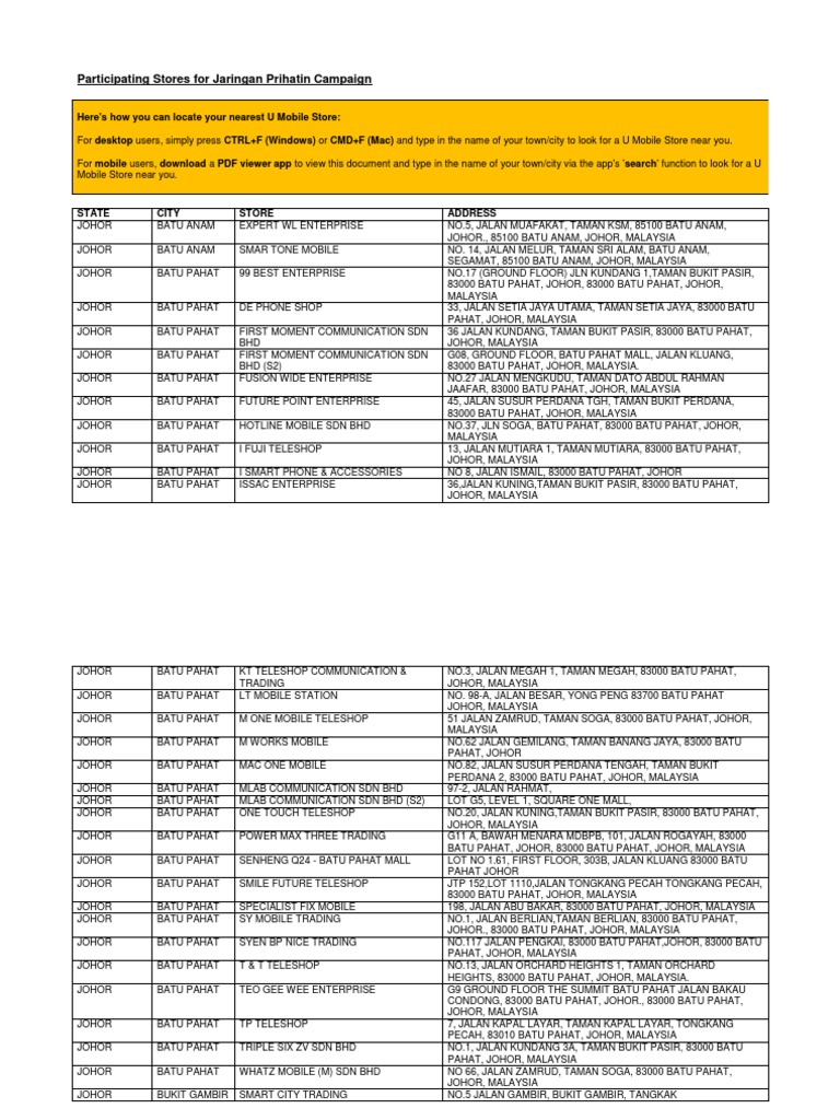 U Mobile Store Locations in Johor | PDF | Technology & Engineering