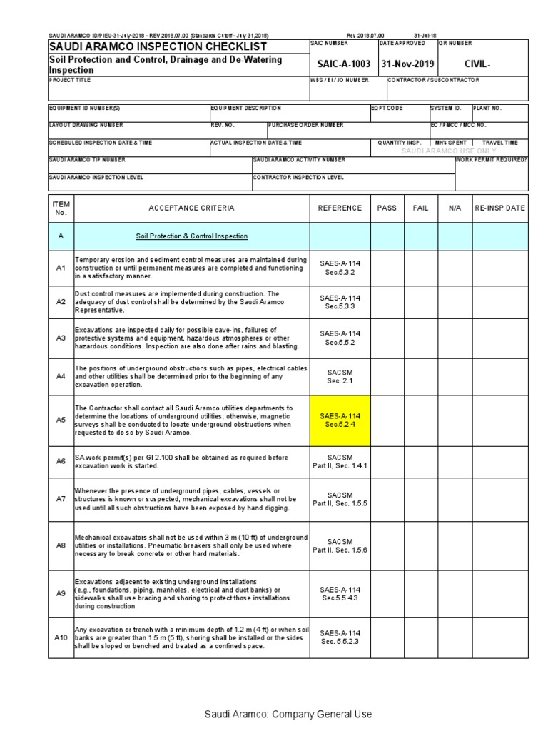 Saudi Aramco Inspection Checklist | PDF | Trench | Drainage