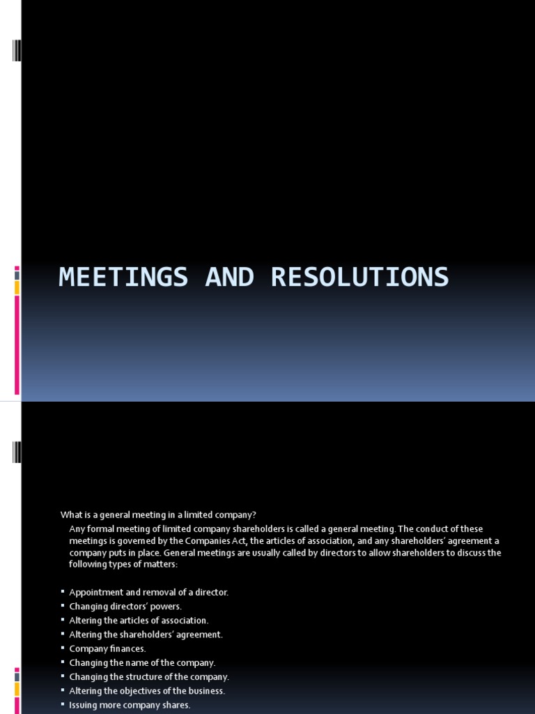 Meetings and Resolution | PDF | Articles Of Association | Business Law