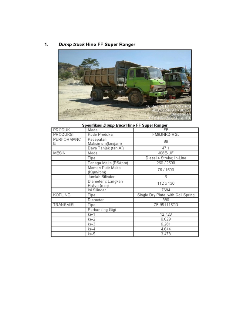 Spesifikasi Dump Truck Hino FF Super Ranger | PDF