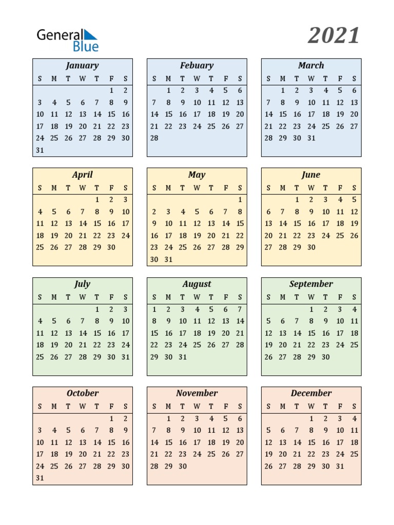 2021 Calendar Streamlined Colored Portrait | PDF