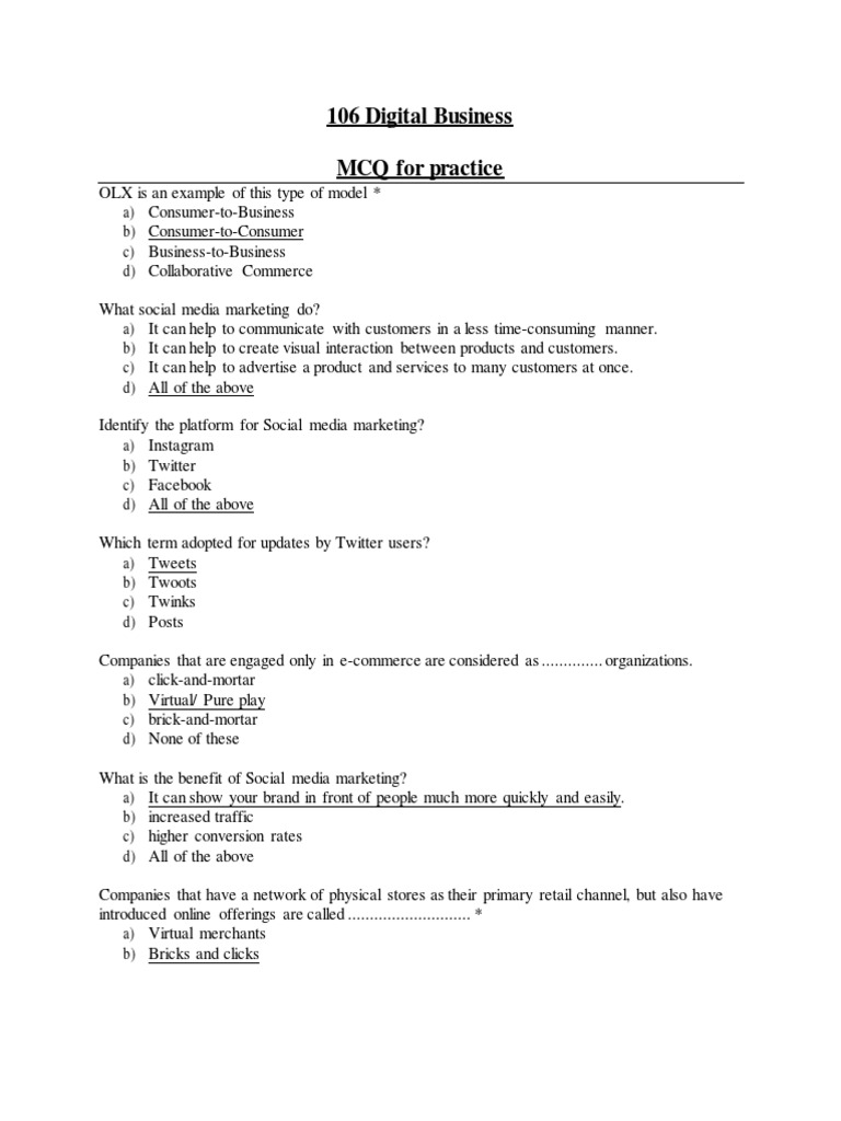 Digital Business MCQs For Practice | PDF | E Commerce | Social Media ...