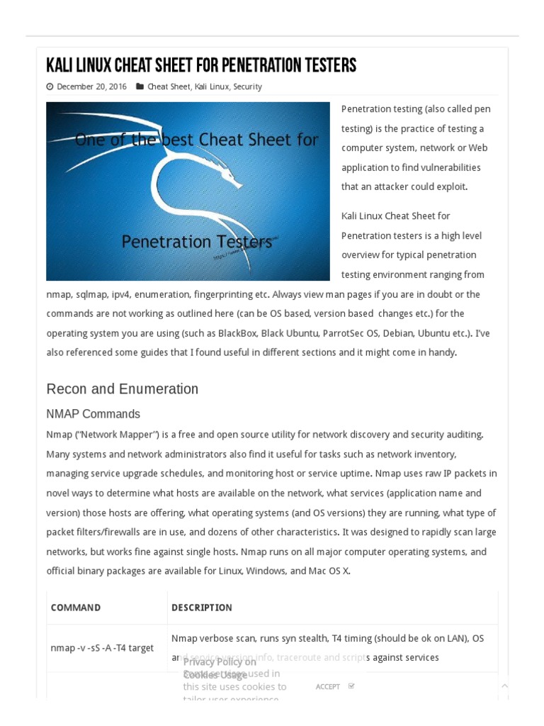 Kali Linux Cheat Sheet For Penetration Testers - BlackMORE Ops | PDF ...