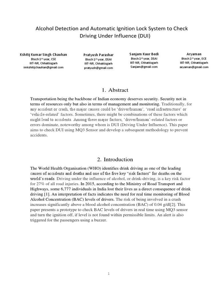 Alcohol Detection and Automatic Ignition Lock System To Check Driving Under Influence (DUI ...