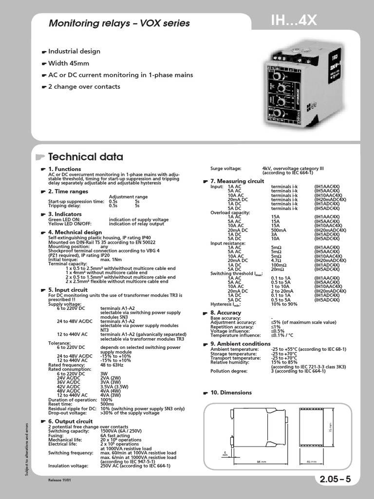 Technical Data: Monitoring Relays - VOX Series | Download Free PDF ...