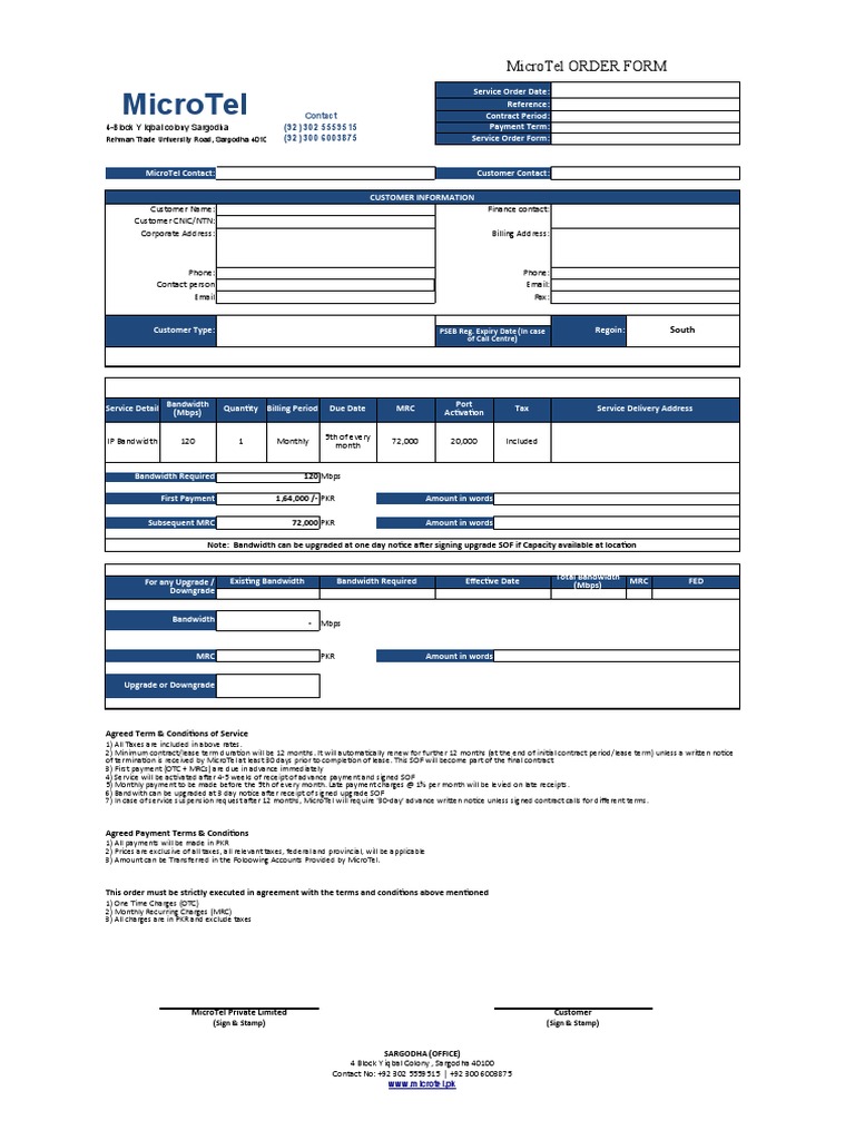 MicroTel Order Form for 120 Mbps IP Bandwidth Service for Rehman Trade ...