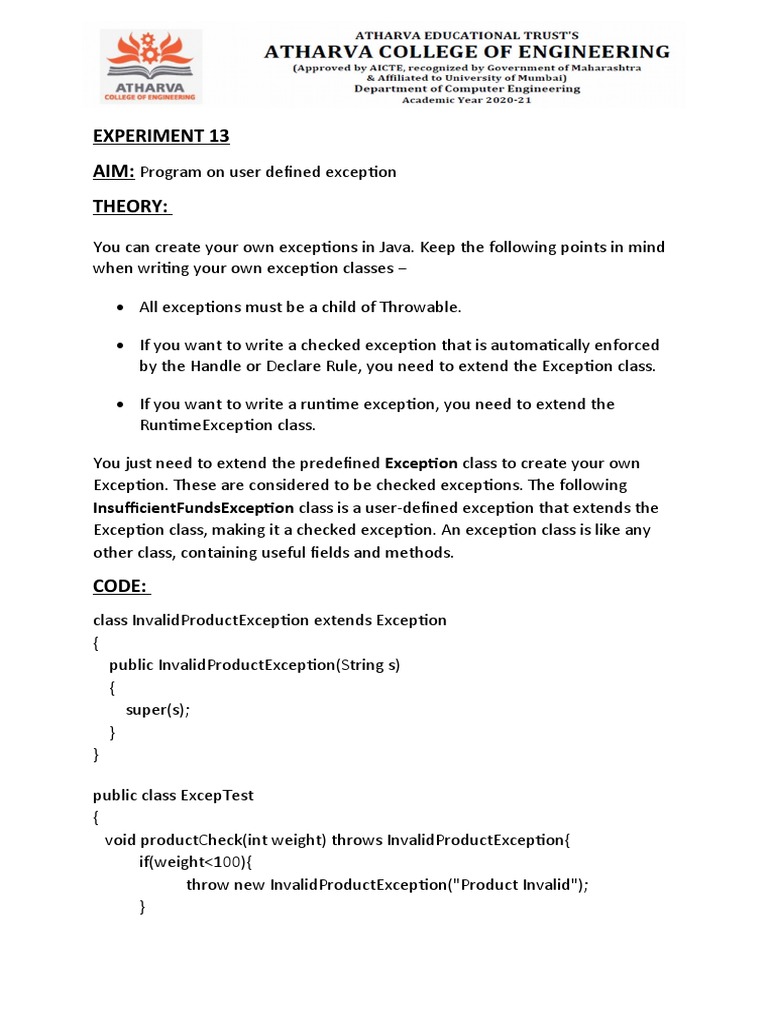 Experiment 13 Aim: Theory:: Insufficientfundsexception Class Is A User ...
