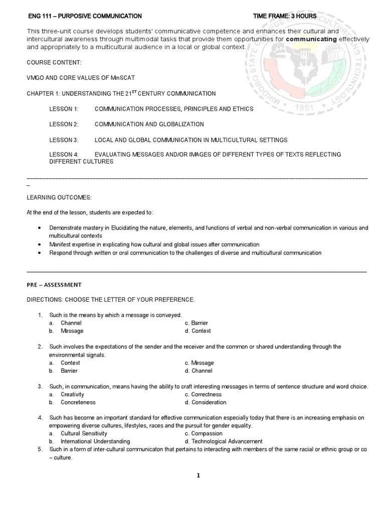 Course Module: Purposive Communication | PDF | Communication | Cross ...