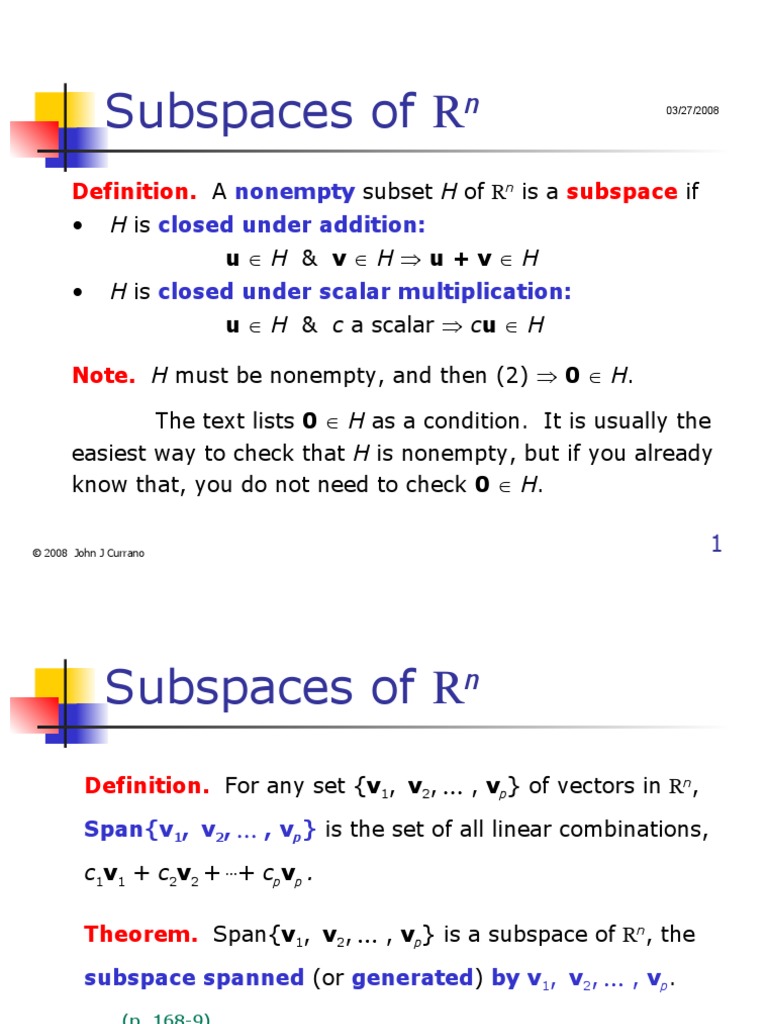 Subspaces of R: Nonempty Closed Under Addition: Closed Under Scalar ...