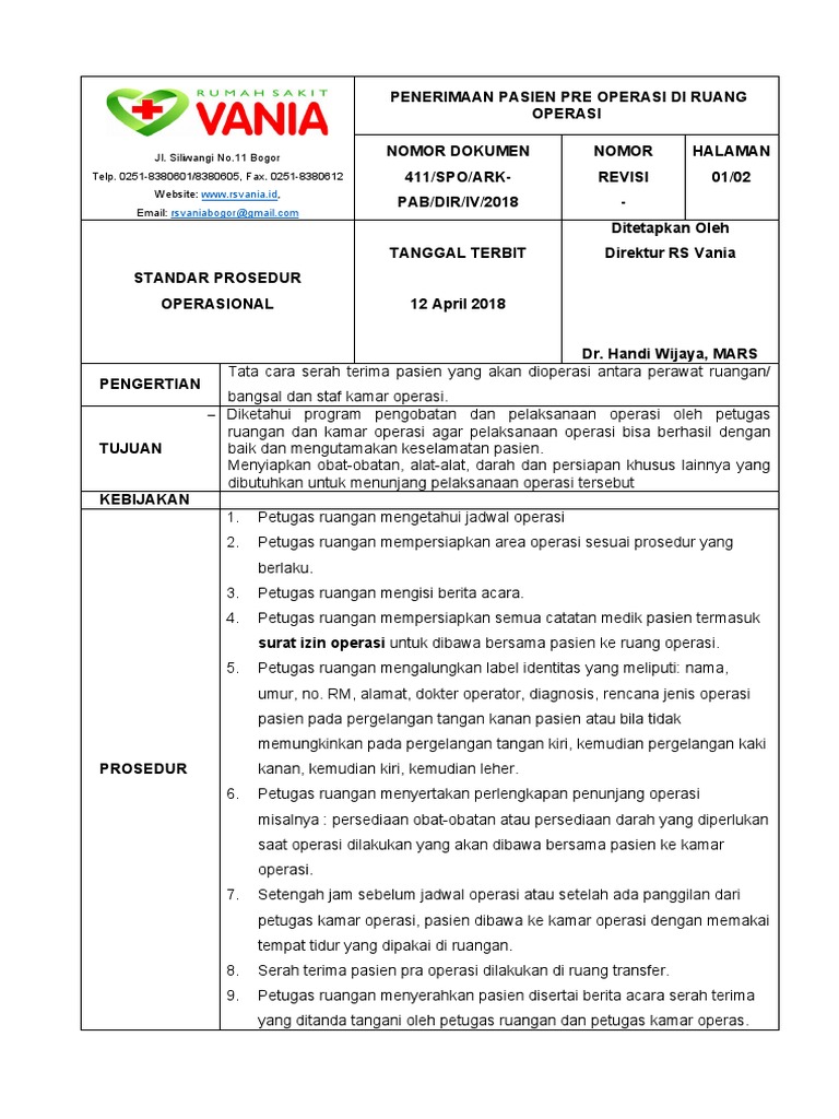 Prosedur Penerimaan Pasien Pre Operasi | PDF
