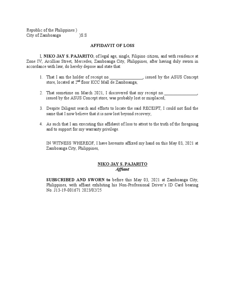 Affidavit of Loss in Zamboanga City | PDF