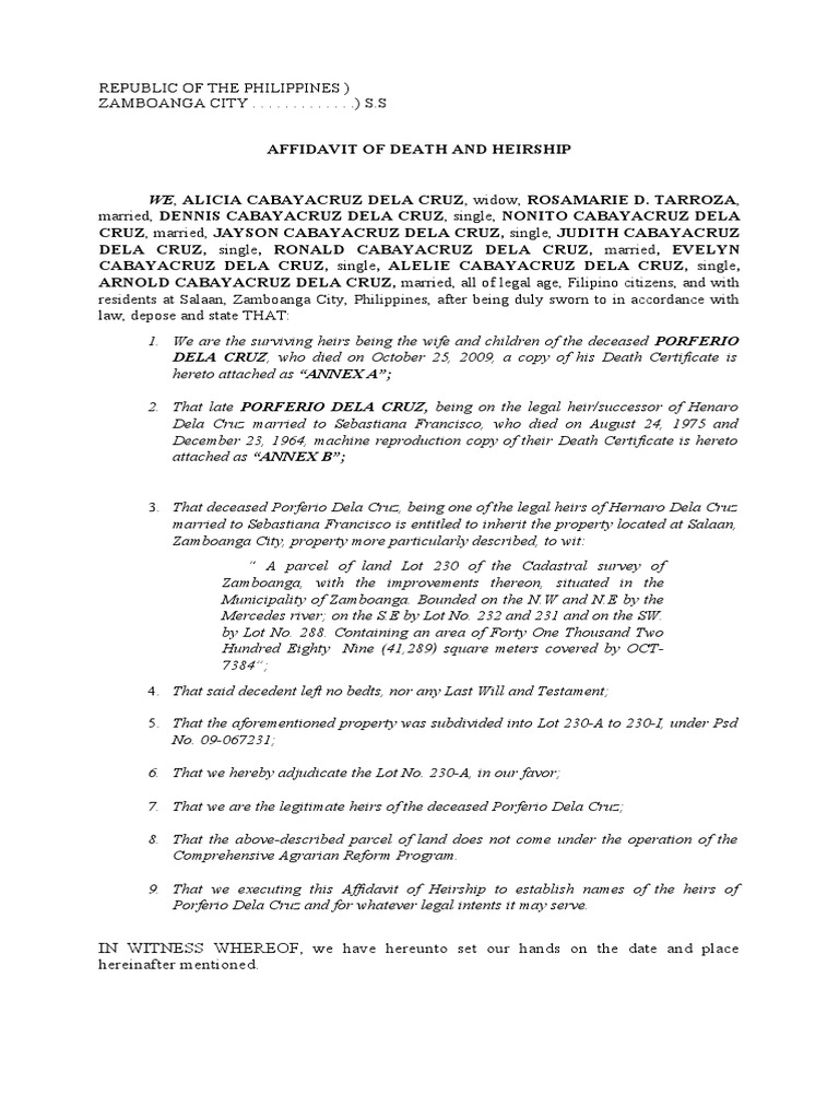 Affidavit of Death and Heirship | PDF | Inheritance | Affidavit