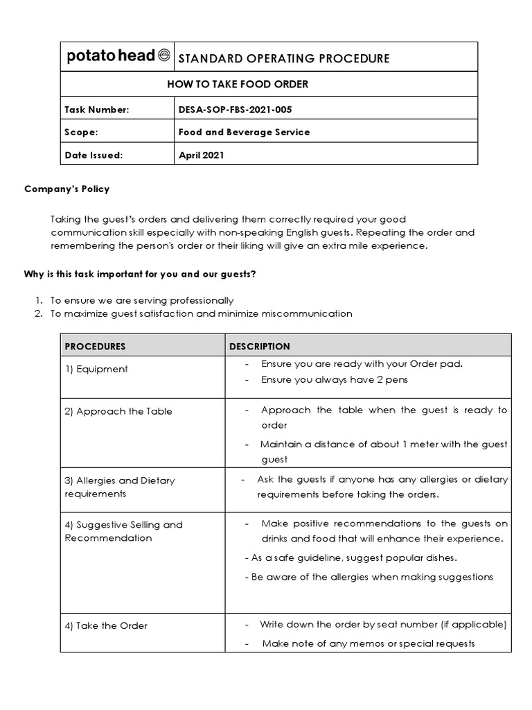 Food Order Taking Procedures | PDF | Foods | Food And Drink