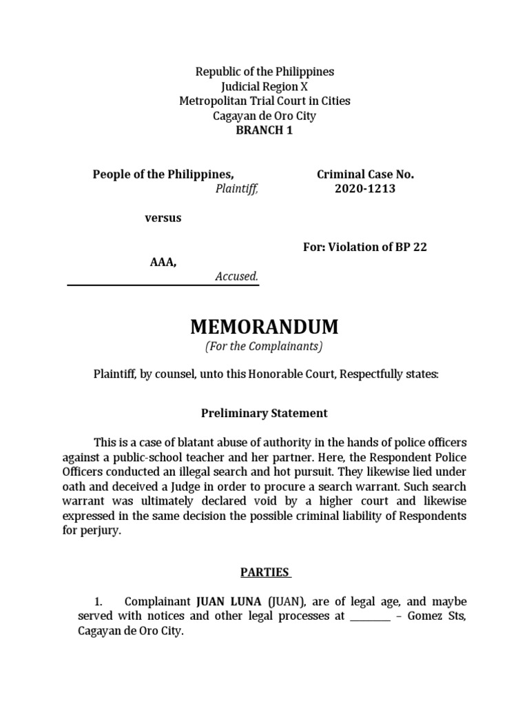 Memorandum Sample | PDF | Search Warrant | Police