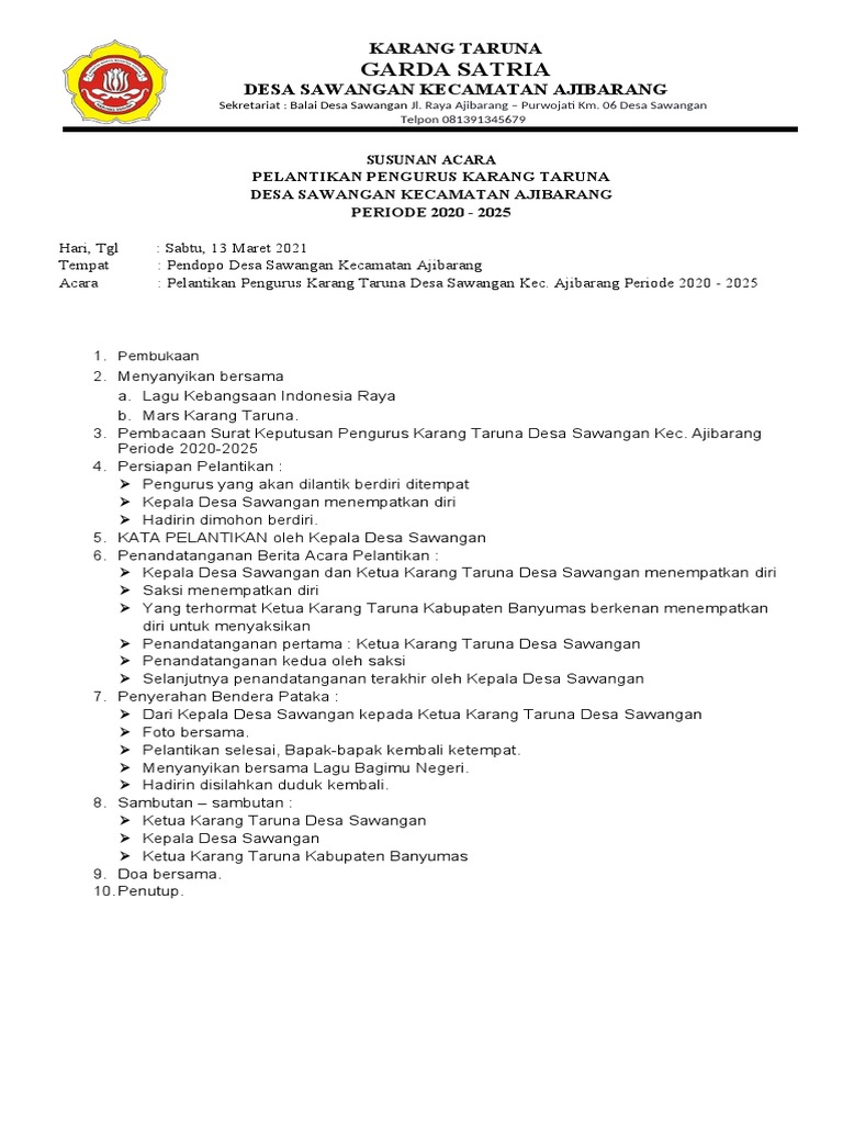 Susunan Acara Pelantikan Karang Taruna | PDF Susunan Acara Pelantikan Karang Taruna | PDF