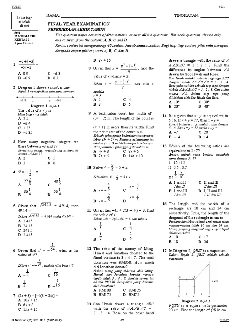 Maths F2 Final Year Examination (Dwi) | PDF | Elementary Geometry ...