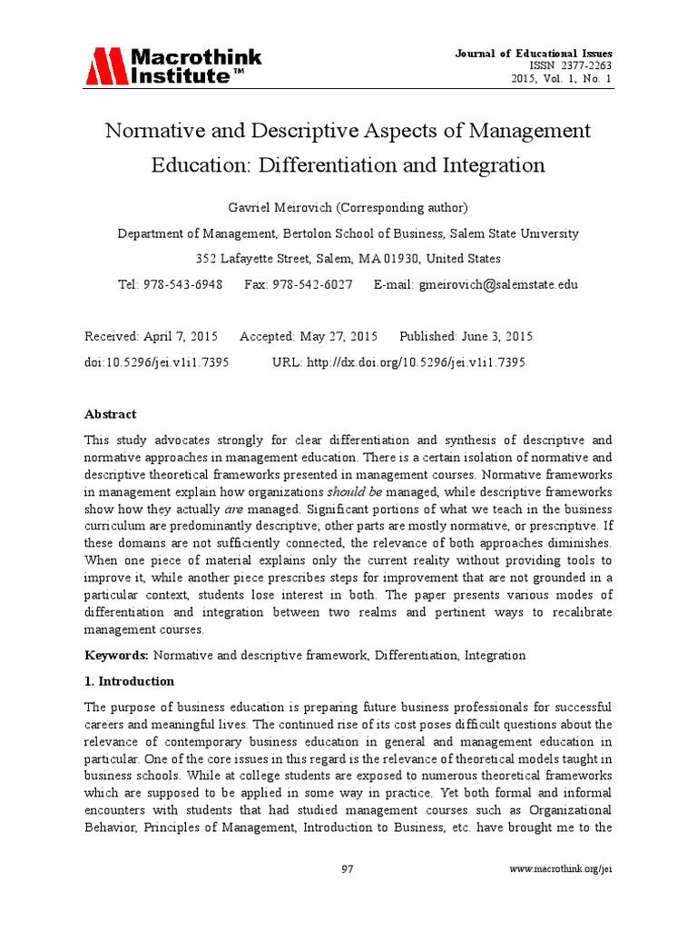 Normative and Descriptive Aspects of Management Education: Differentiation and Integration | PDF ...