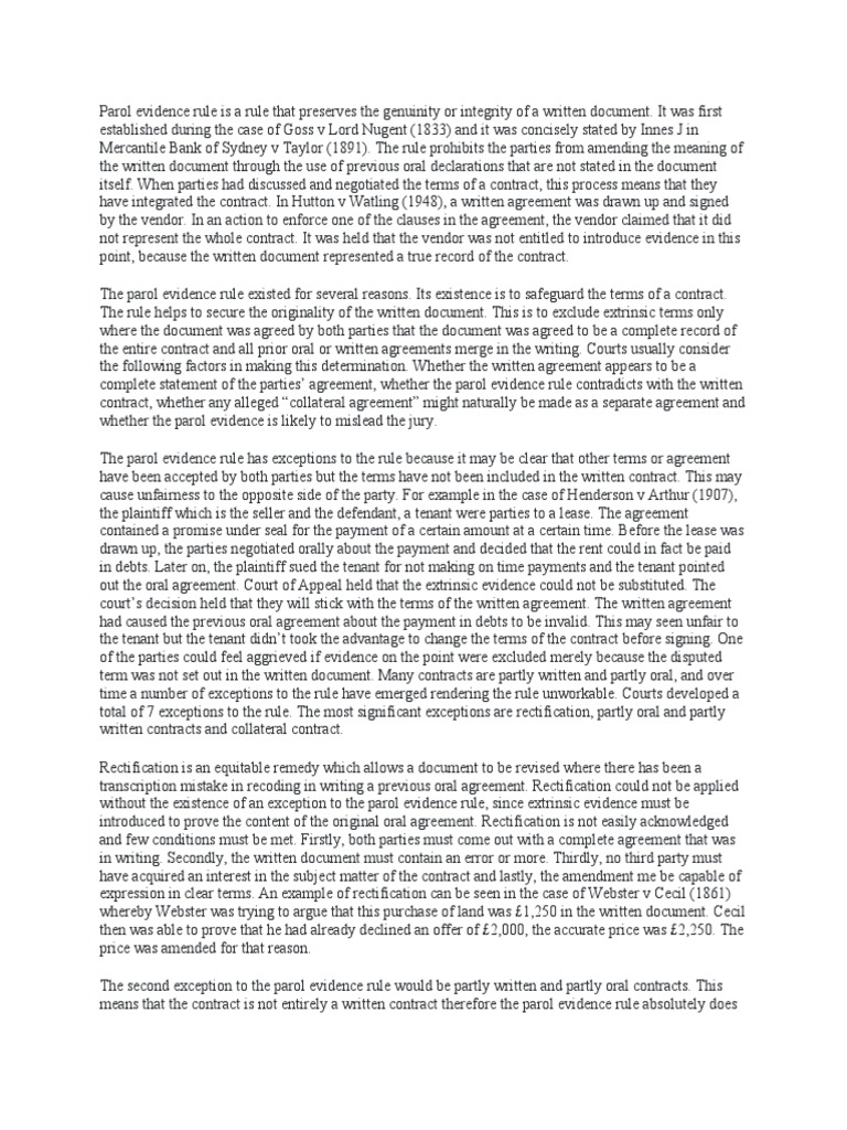 Parol Evidence Rule and Its Exceptions | PDF | Parol Evidence Rule | Lease