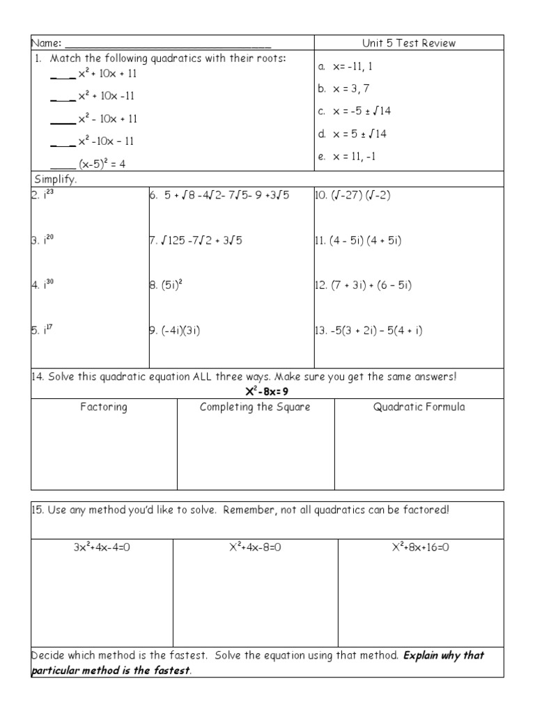Unit 5 - Test Review | PDF | Quadratic Equation | Algebra