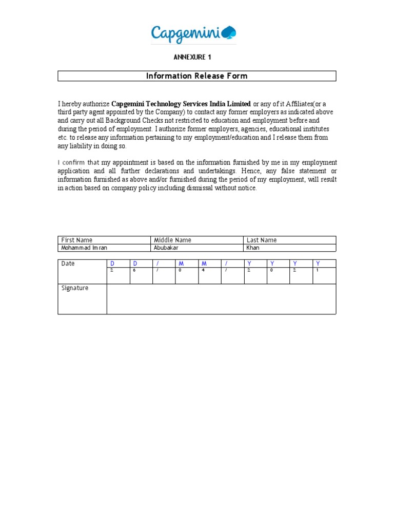 Capgemini Information Release Form | PDF