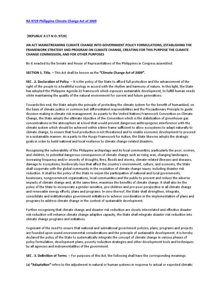RA 9729 Philippine Climate Change Act of 2009 | PDF | Greenhouse Gas ...