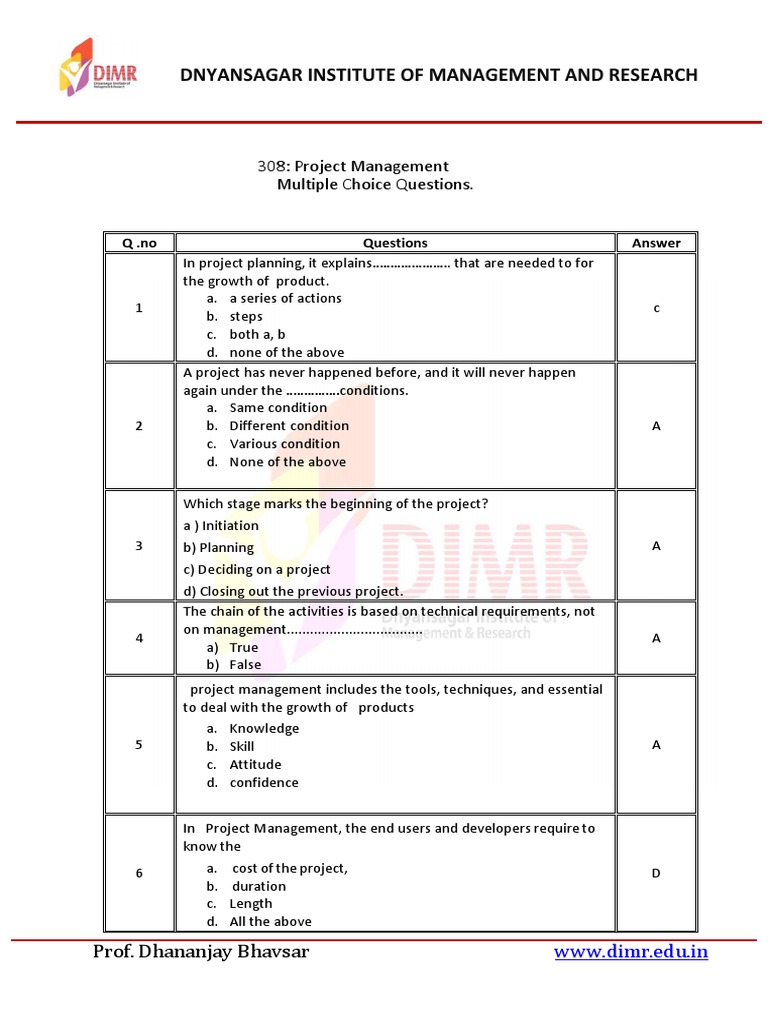 Dnyansagar Institute of Management and Research: 308: Project Management Multiple Choice ...