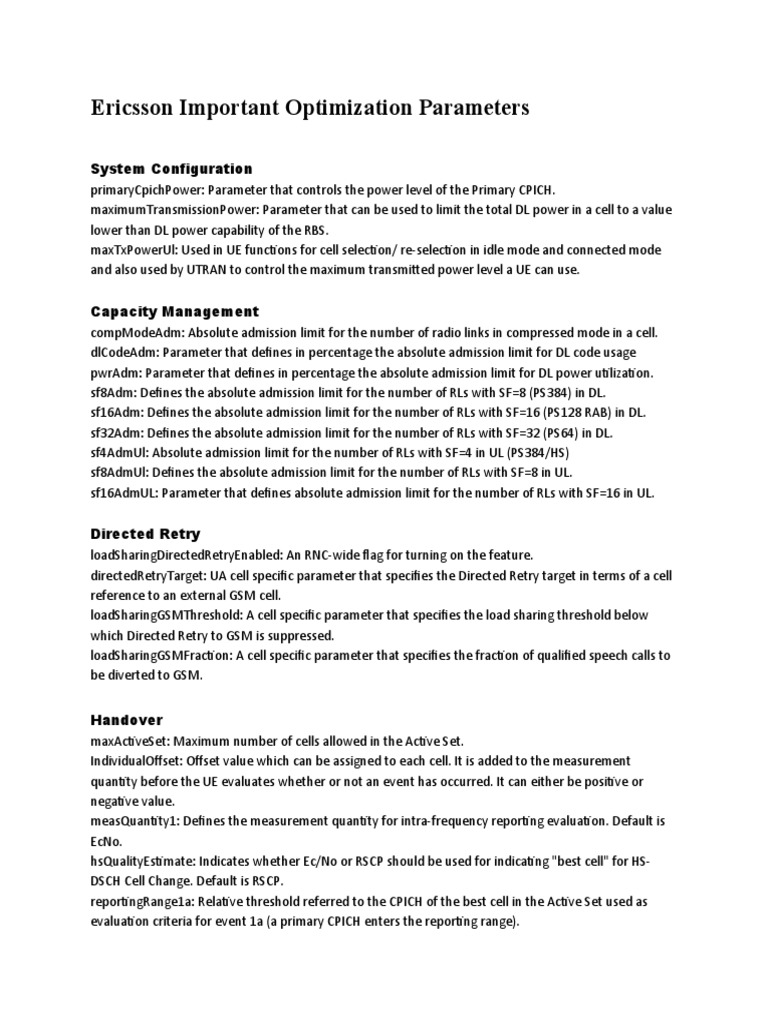 Ericsson Important Optimization Parameters | PDF | High Speed Packet Access | Electronics