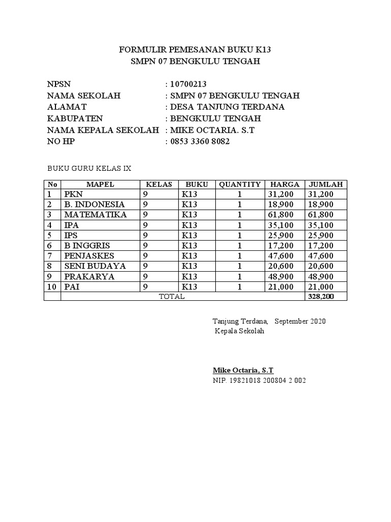 Formulir Pemesanan Buku K13 | PDF
