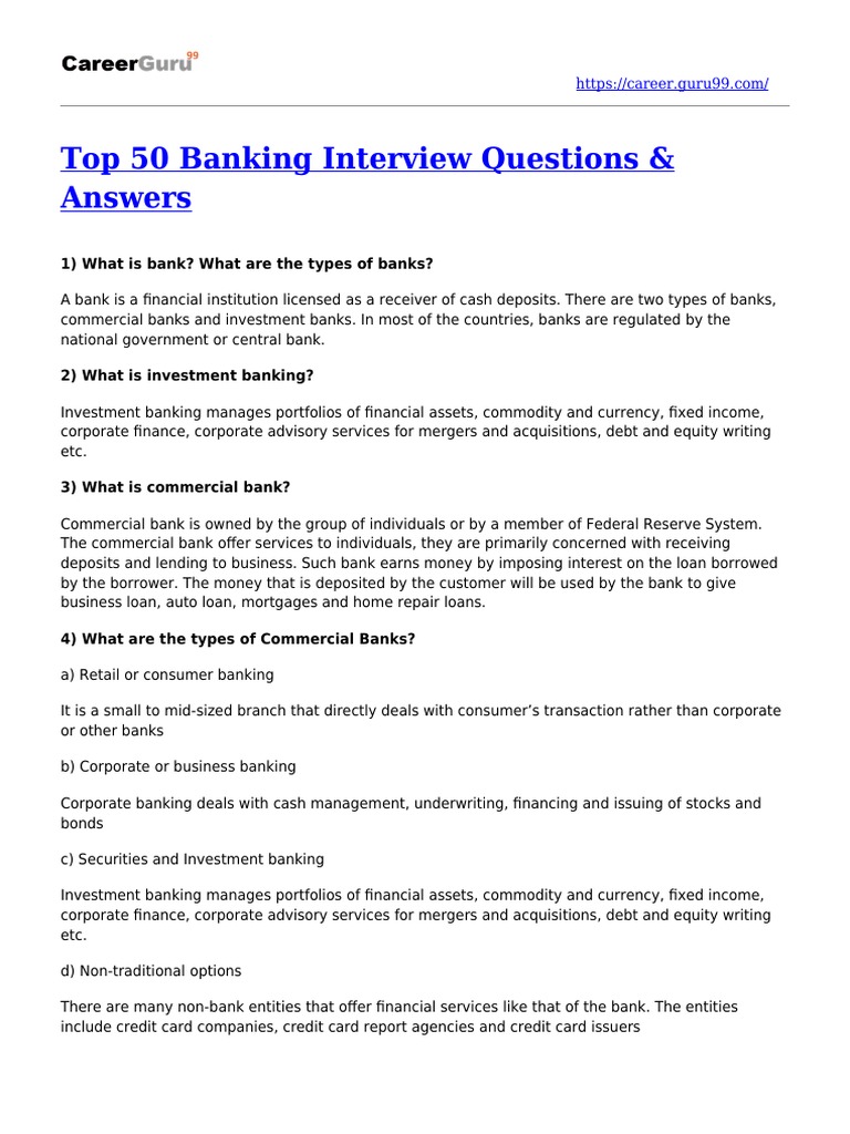 Top 50 Banking Interview Questions & Answers: 1) What Is Bank? What Are The Types of Banks ...