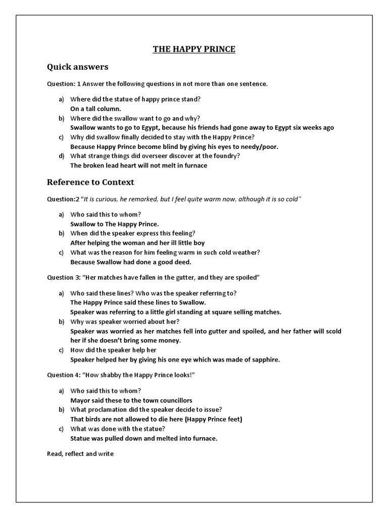 The Happy Prince Quick Answers | PDF | The Happy Prince And Other Tales