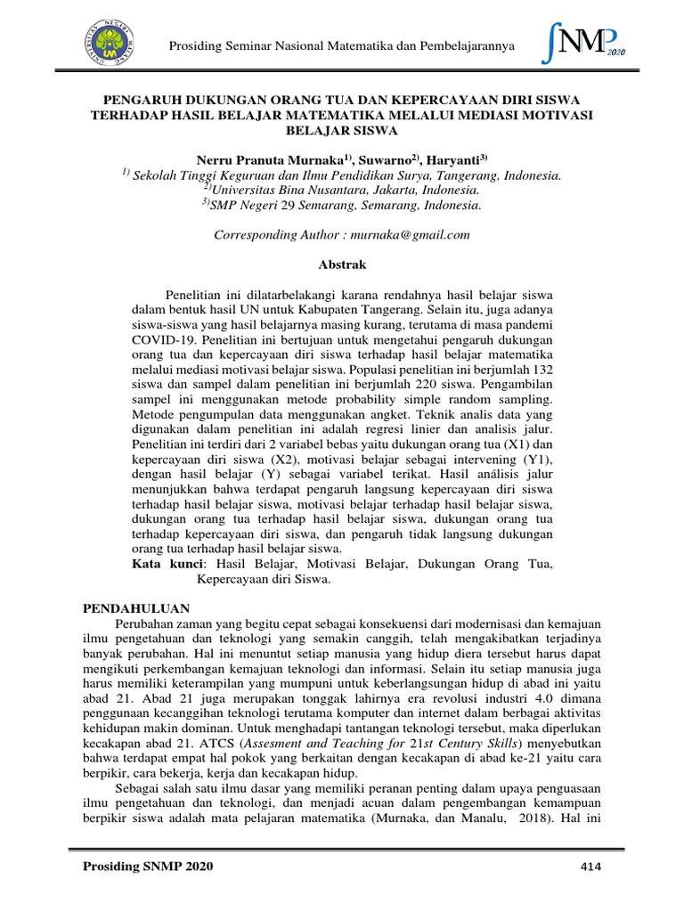 Pengaruh Dukungan Orang Tua Dan Kepercayaan Diri Siswa Terhadap Hasil Belajar Matematika Melalui ...