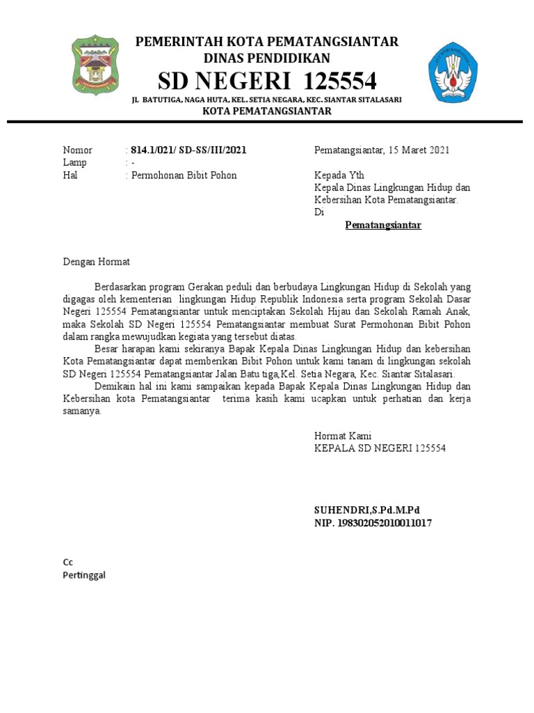 Surat Permohonan Bibit Pohon LHK | PDF