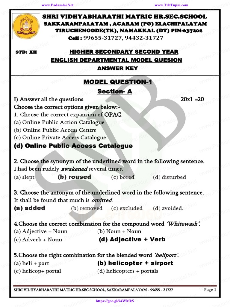 12th English Model Question Paper For Public Exam 2019 | PDF | Lexical ...