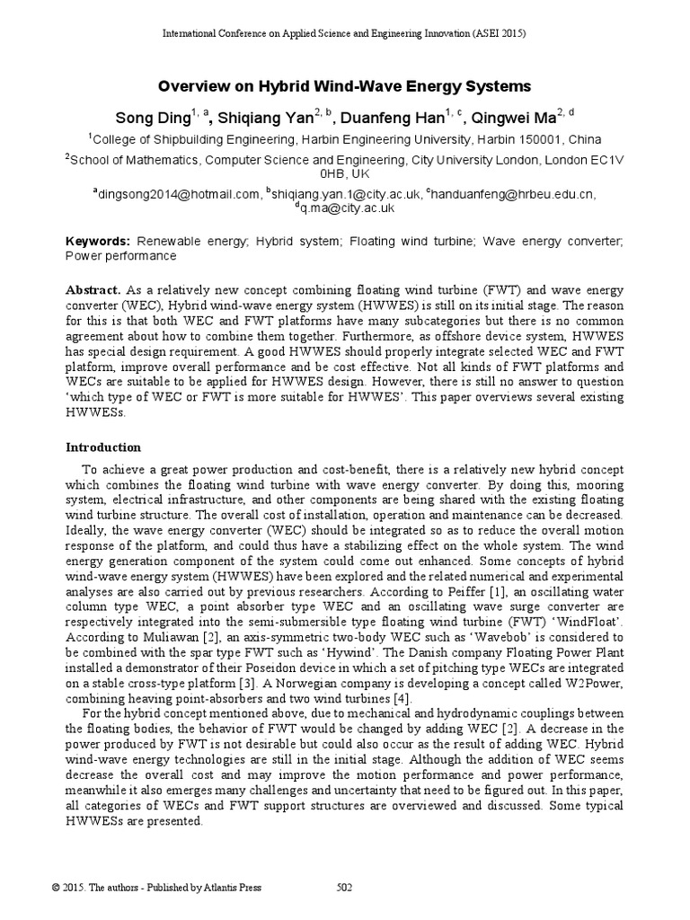 Song Ding, Duanfeng Han, Qingwei Ma: Overview On Hybrid Wind-Wave ...