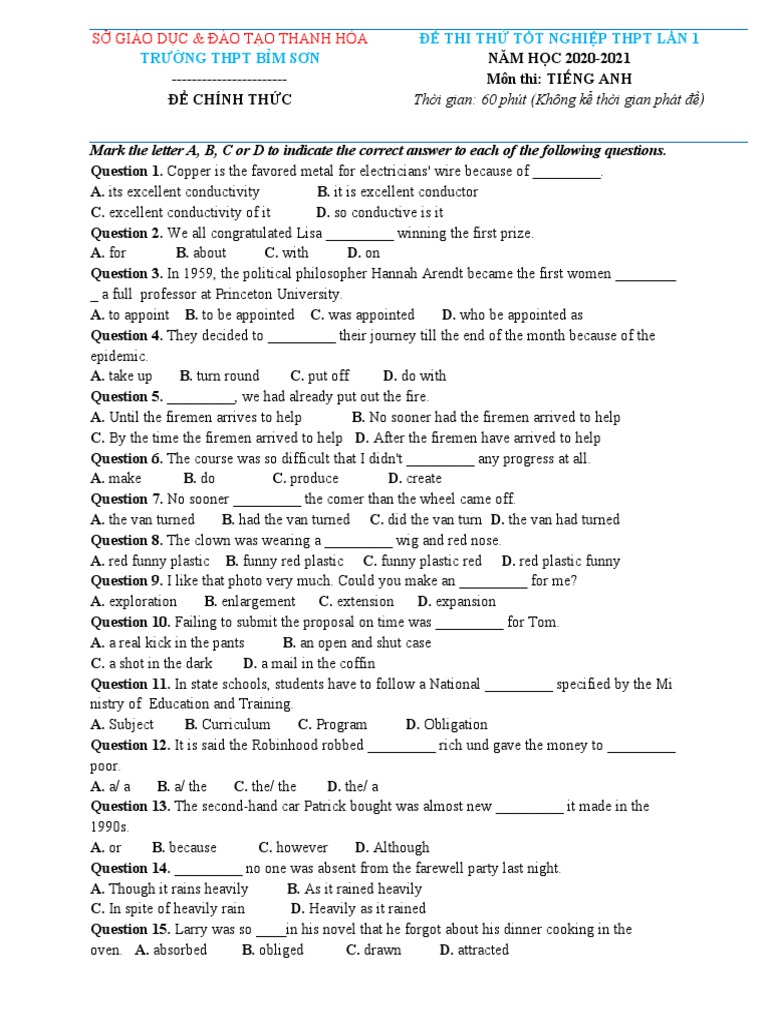 English Language Practice Test for High School Graduates Taking ...