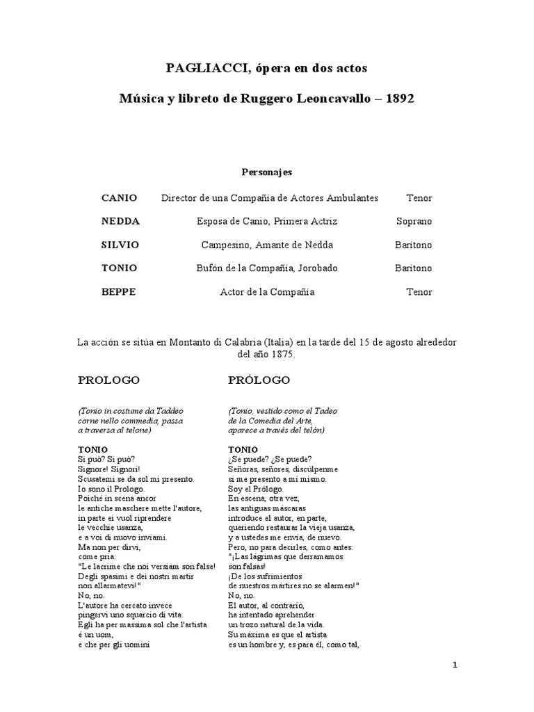 Pagliacci Libreto | PDF | Commedia Dell'arte | Musica italiana