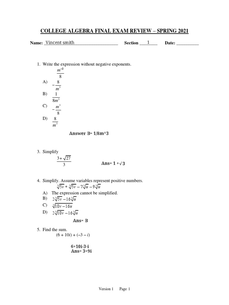 College Algebra Final Exam Review | PDF | Factorization | Algebra